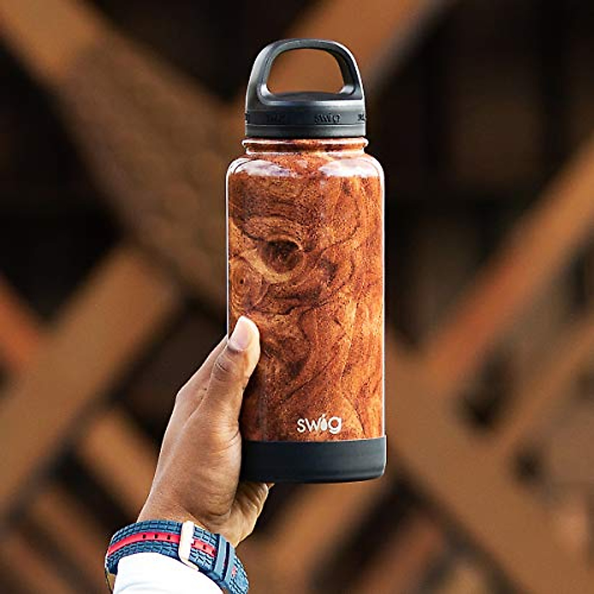 Swig Life 30oz Triple Insulated Stainless Steel Wide Mouth Water Bottle with Handle, Dishwasher Safe, Double Wall, Vacuum Sealed, Reusable Thermos in Black Walnut Print