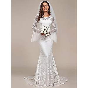 Ever-Pretty Women Custom Curve Charming Open Back Tulle Floor Length Bridal Dress with Long Lace Trian White US30