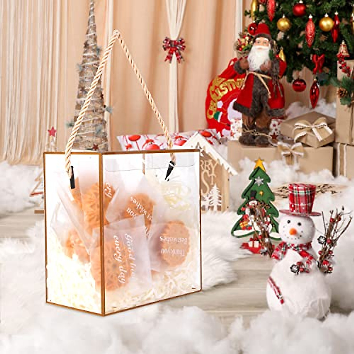 Atenzol Clear Box with Lid Handle (5PCS), 5.5x3x5.5 Candy/Cookie/Favor/Gift Box, Golden Lining, Blank without Writing