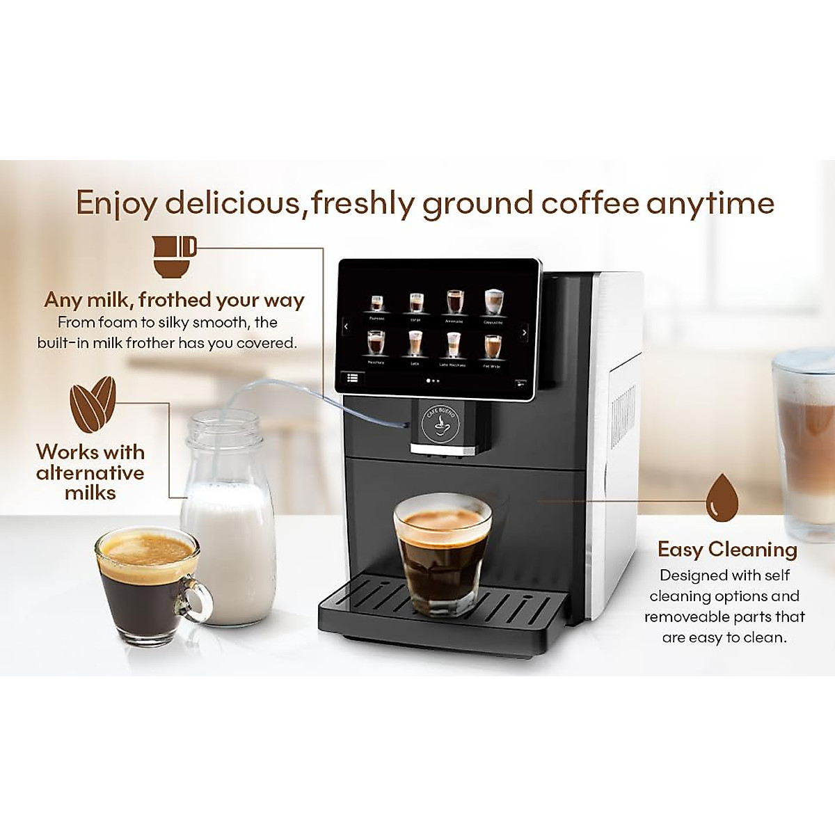 Cafe Bueno Super Automatic Espresso Machine - 19 Coffee Recipes, Durable, Grinder, Milk Frother, 7" Touchscreen