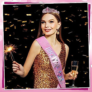 Birthday Girl Sash and Crown Set, Rhinestone Birthday Girl Headband Glitter Princess Birthday Sash And Crowns for Women Happy Birthday Tiara Accessories Favors (pink)