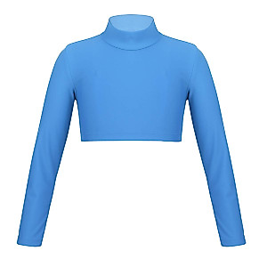 ranrann Kids Girls Long Sleeves Athletic Crop Top Mock Neck Yoga Active Sports Gymnastic Ballet Dance Dancewear Light_Blue 10