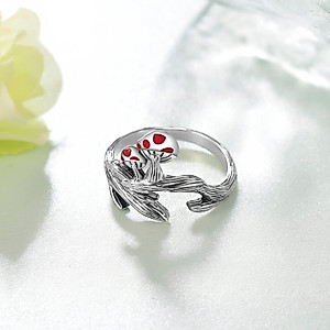 CVRAVO Mushroom Ring 925 Sterling Silver Red Mushroom Adjustable Open Ring Vintage Cute Nature Jewelry Gifts for Women