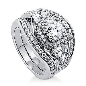 BERRICLE Sterling Silver Halo Wedding Engagement Rings Round Cubic Zirconia CZ Art Deco Ring Set for Women, Rhodium Plated Size 6.5