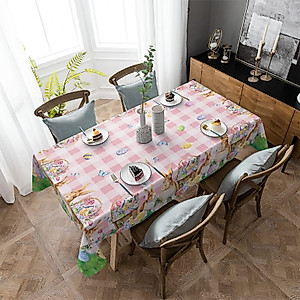 ZEREAA Waterproof Spillproof Rectangle Tablecloth, Pink Plaid Easter Bunny and Floral Spring Theme Table Cover Kitchen, Living Room Dining Table Cloth 60"x84"