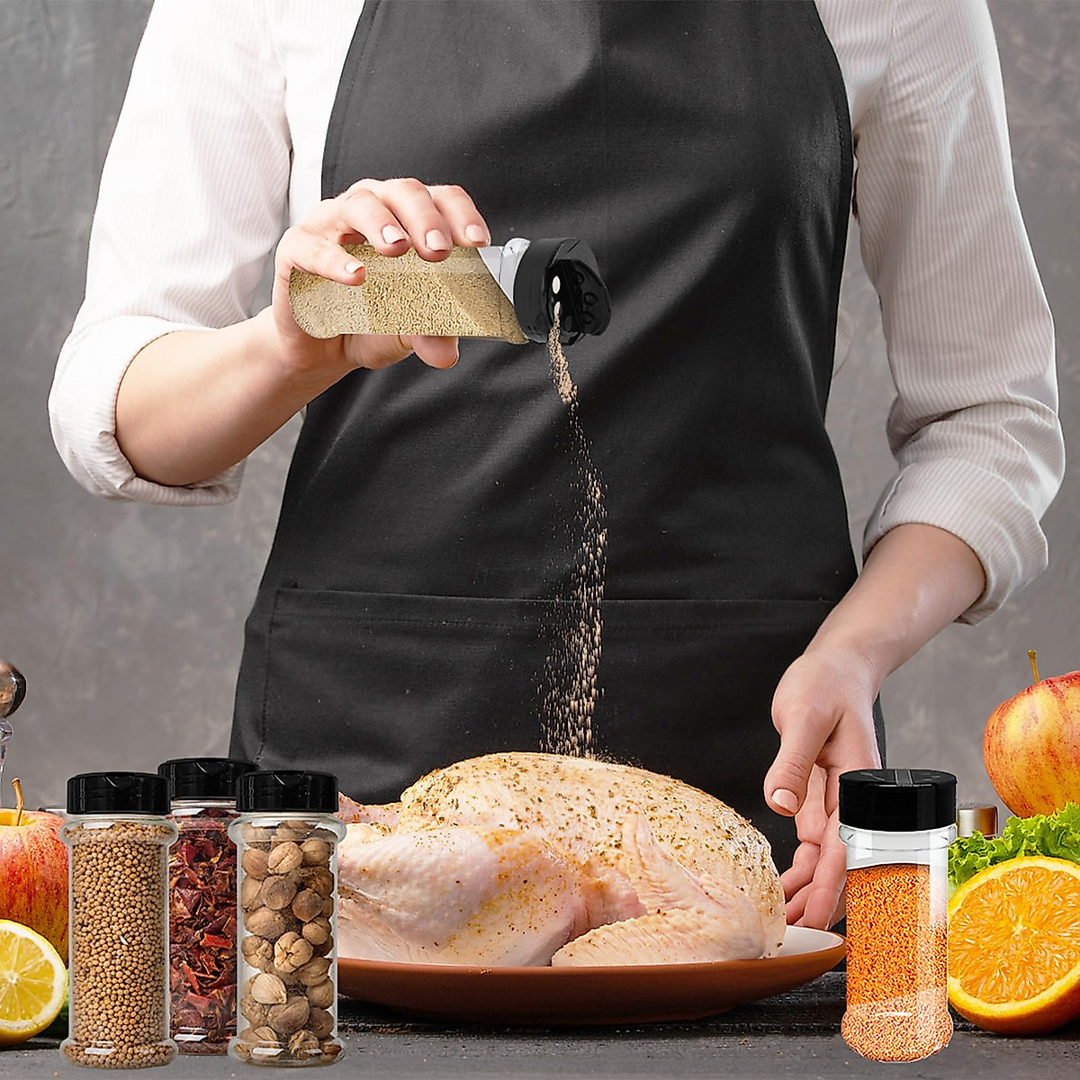 OJYUDD 8 Pack 5.5 Oz Plastic Round Spice Bottles with Black Shaker Lids,Reusable Seasoning Containers Jars,Clear Plastic Bottle Containers with Shaker Lids for Powders,Spice,Herbs,Glitters