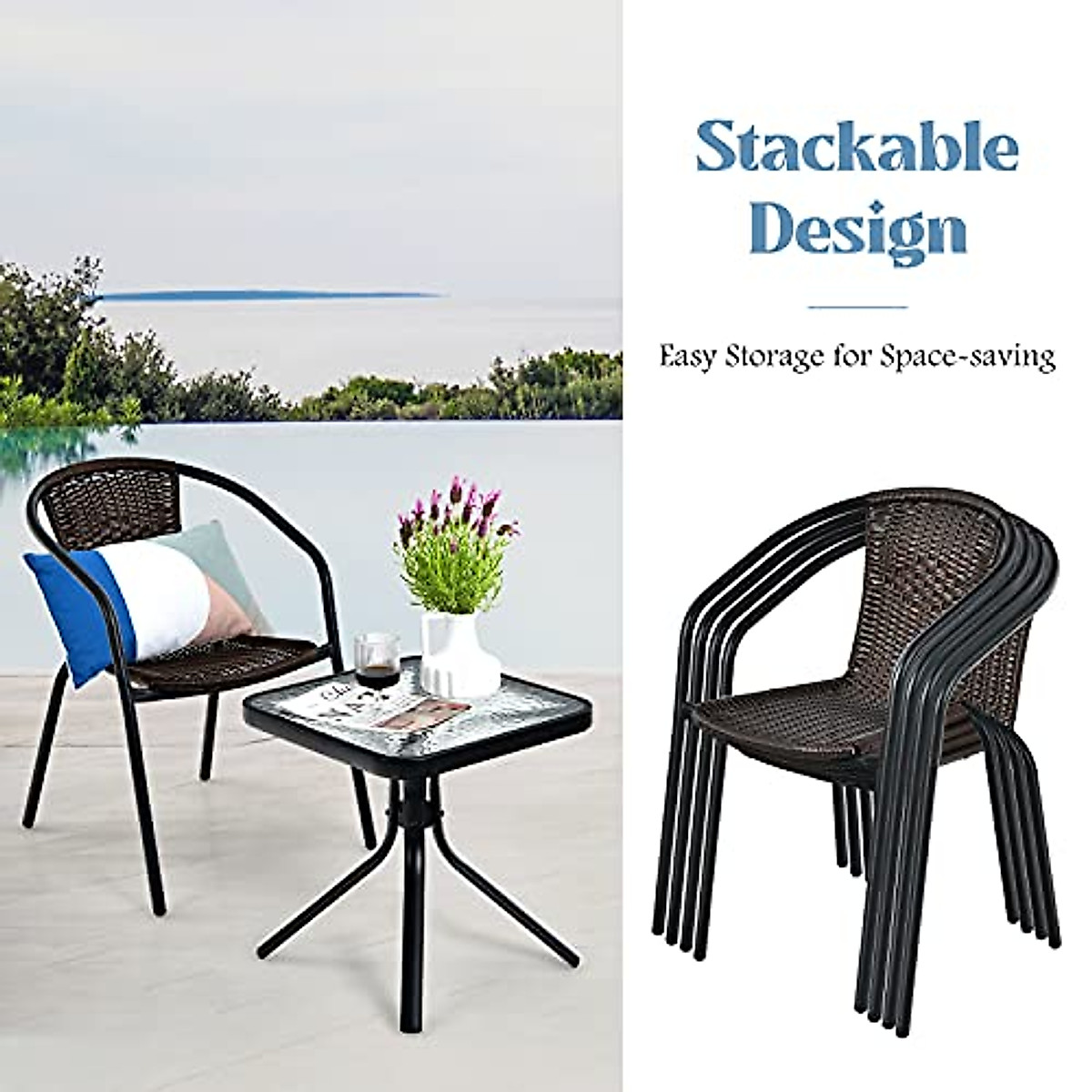 Tangkula Patio Rattan Dining Chairs, No Assembly All-Weather Wicker Stackable Chairs with Curved Backrest and Armrests, Outdoor Bistro Chair Set for Backyard, Garden, Poolside (20, Brown)