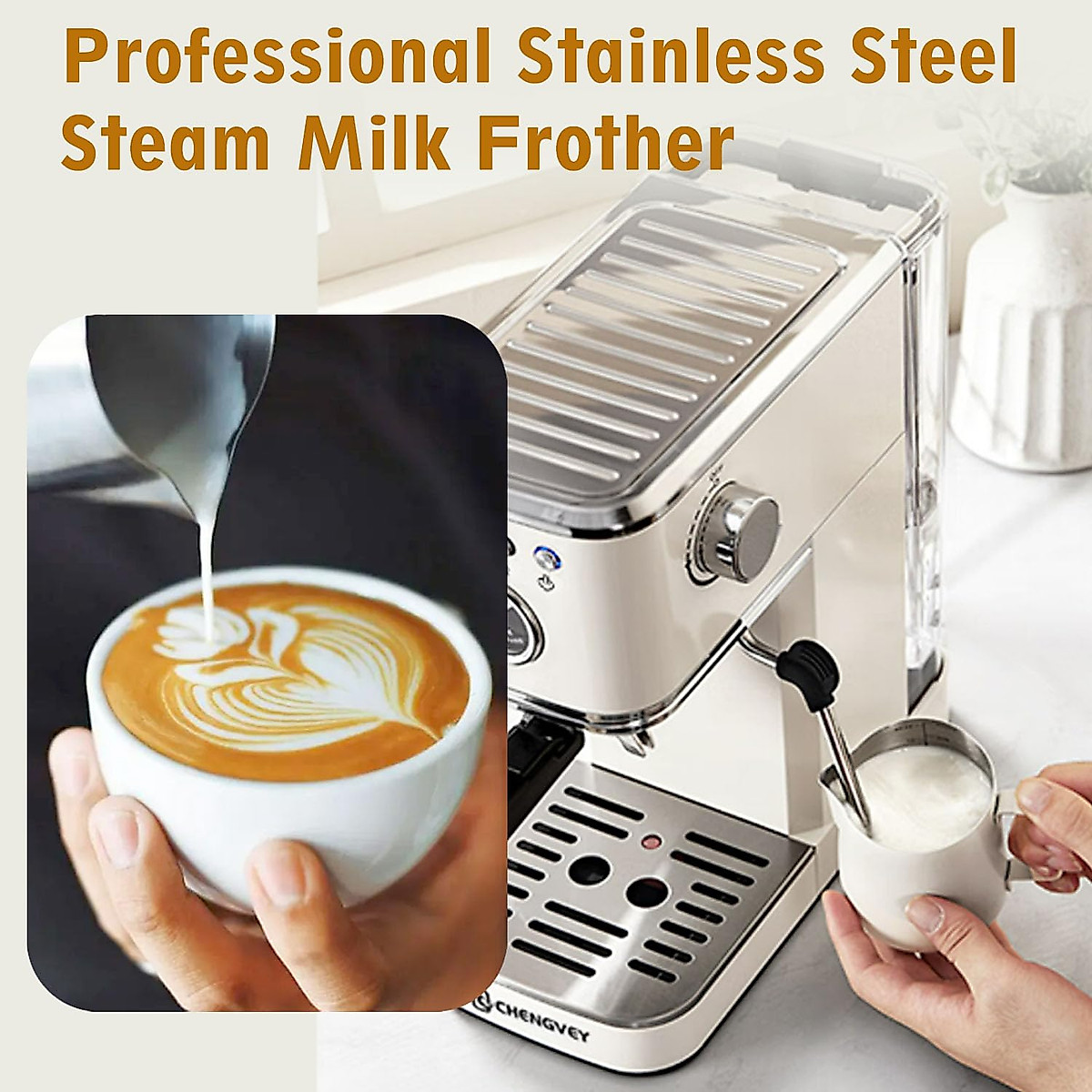 Espresso Machine 20 Bar, Stainless Steel Iced Coffee Maker, Professional Espresso Maker with Milk Frother Steam Wand, Compact Coffee Machine, Gift for Dad or Mom CCHENGVEY
