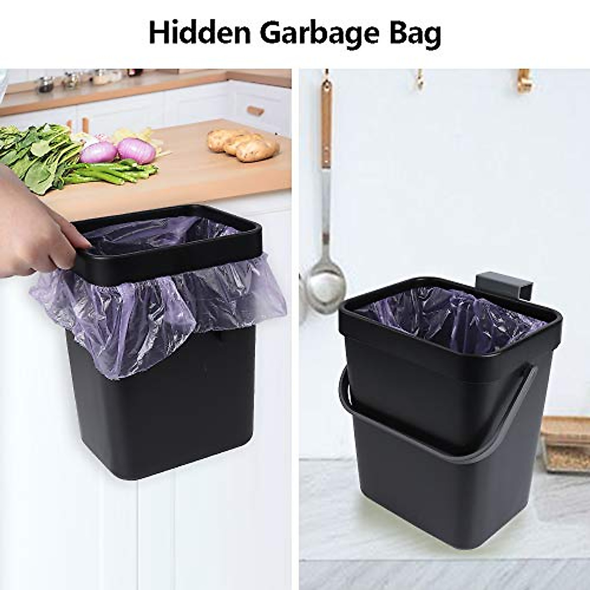 VIGIND Hanging Small Trash Can with Lid Under Sink for Kitchen, 5 L/ 1.3 Gallons Plastic Waste Basket,Food Waste Bin,Kitchen Compost Bin for Counter Top,Bathroom/Office (Black)