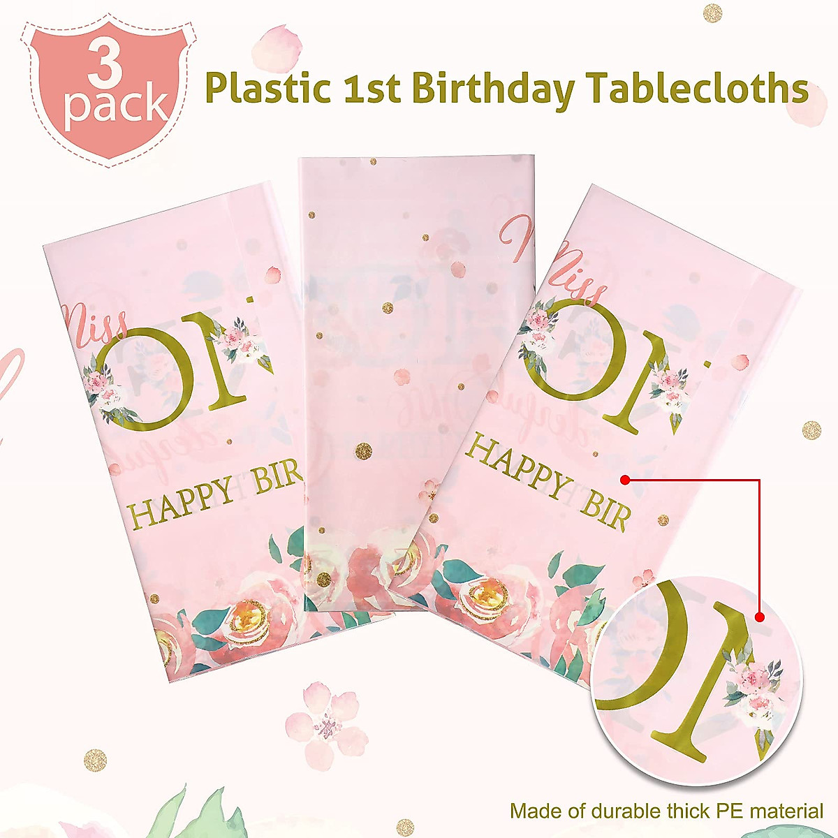 3 Pieces 1st Birthday Party Tablecloth Floral One First Birthday Table Cover Flower Disposable First Birthday Plastic Tablecloth for Kids Birthday Baby Shower Party Decoration Supplies, 54 x 108 Inch