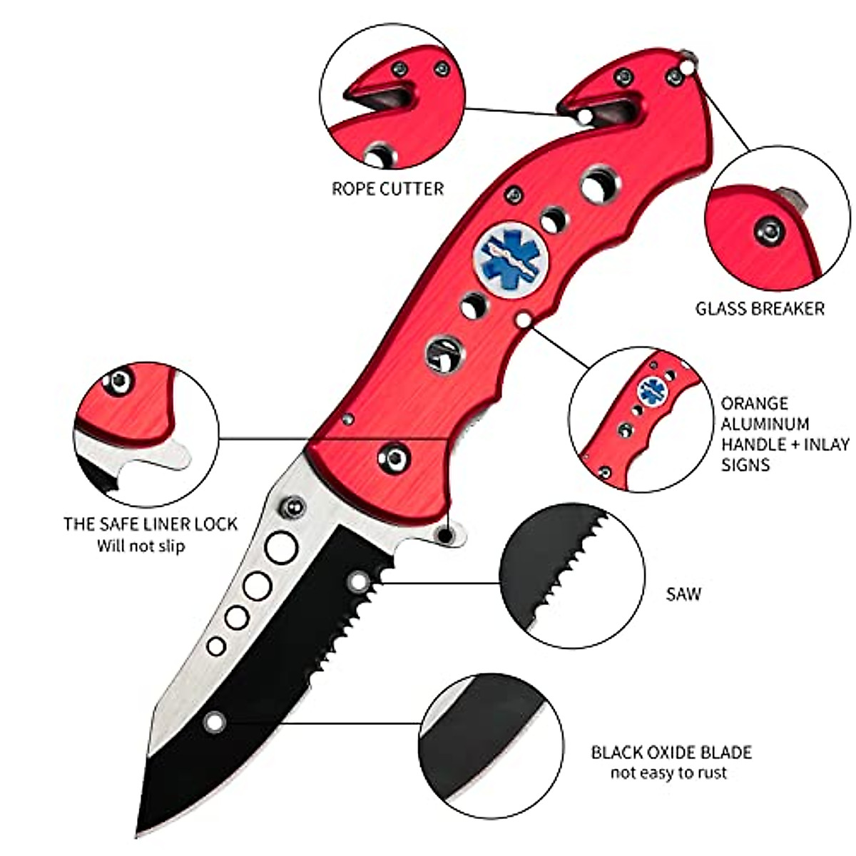 Dispatch Folding Pocket Knife Red Aluminum Handle with Saw Rope Cutter and Glass Breaker, Multifunction for Outdoor Hunting Camping Hiking EDC Tool