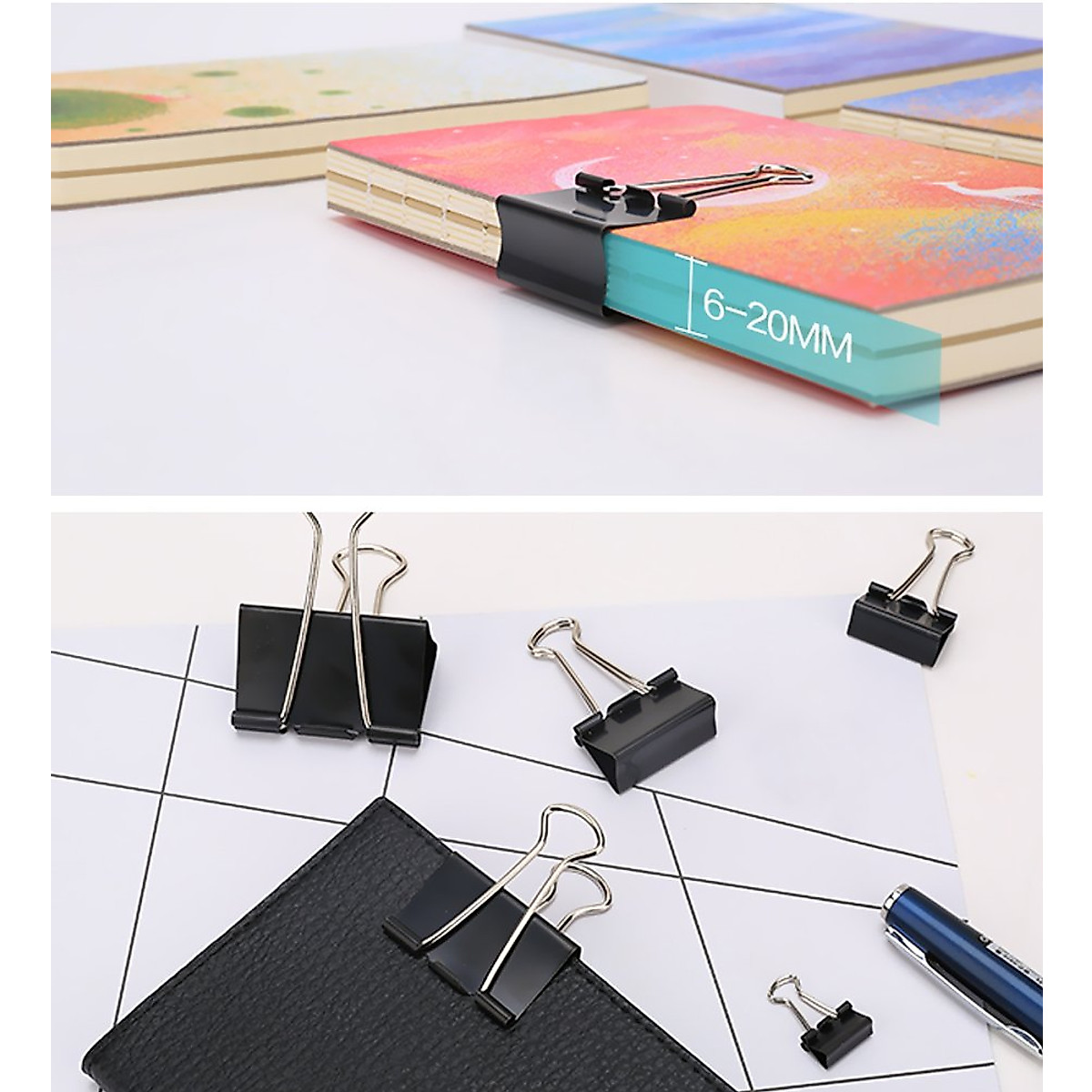 140pcs Binder Paper Clips Assorted Sizes, Binder Paper Clamps Office Supplies Clips for Paperwork, School, Home, Large Medium Small Paperclips Set with Box, Black