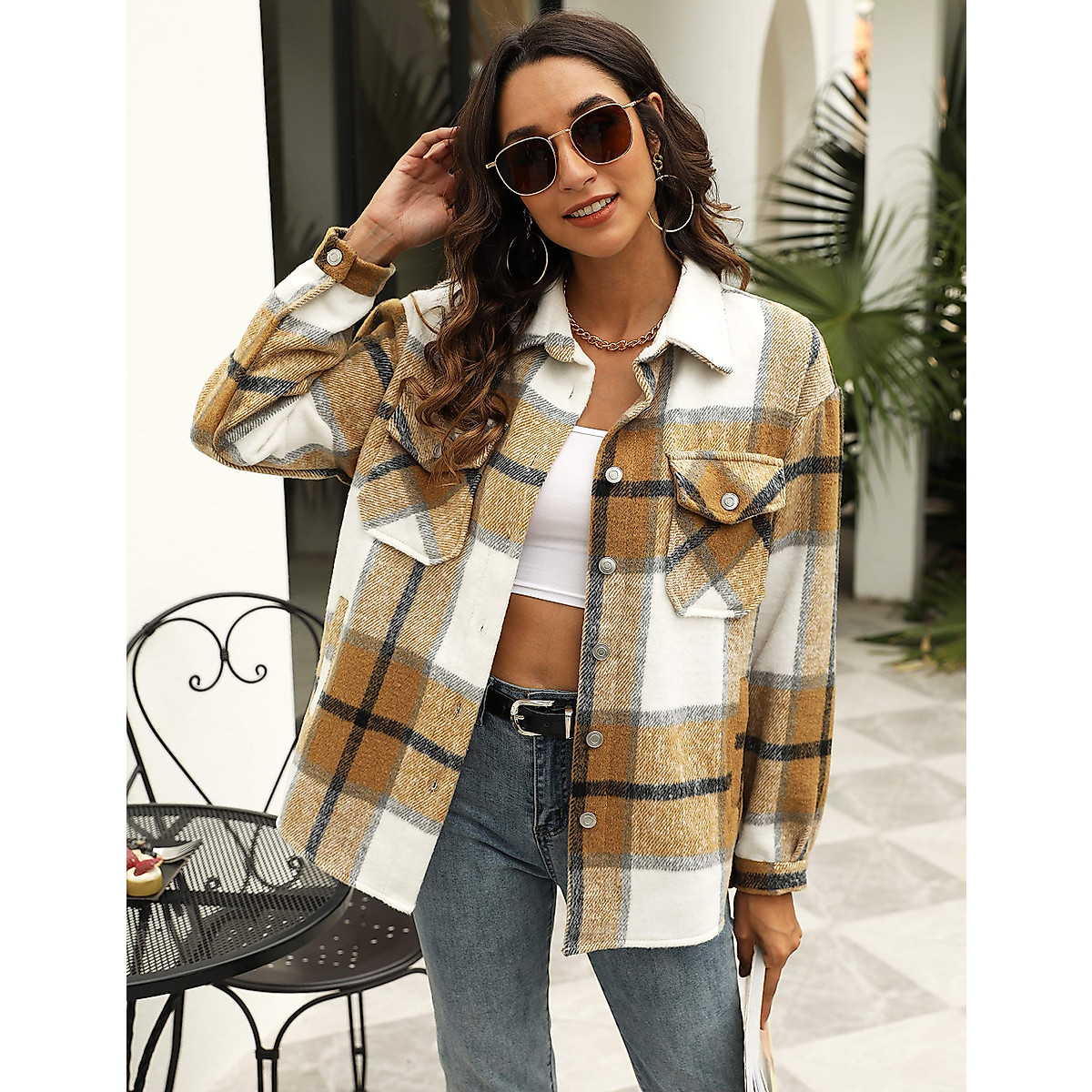 UANEO Womens Plaid Shacket Button Down Wool Blend Fall Flannel Shirt Jacket (Khaki-L)