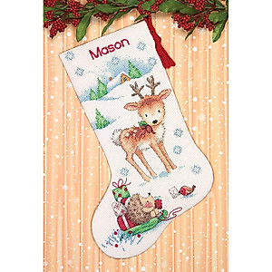 Dimensions Cross Stitch 'Reindeer and Hedgehog' Personalized Christmas Stocking Kit, White Aida, 16'', 14 Count