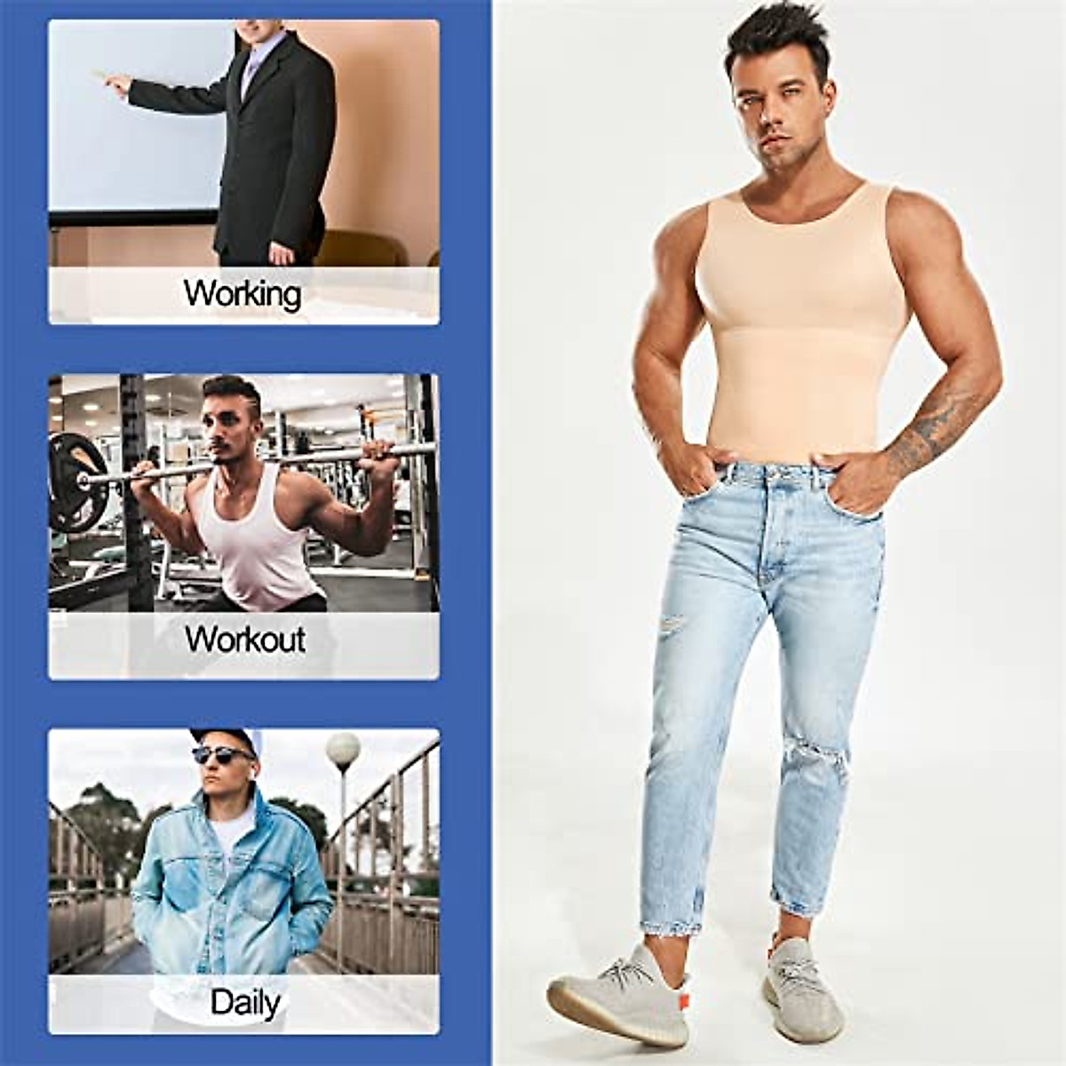 Mens Compression Shirt Slimming Body Shaper Vest Workout Tank Tops Abs Abdomen Undershirts (Beige, M)