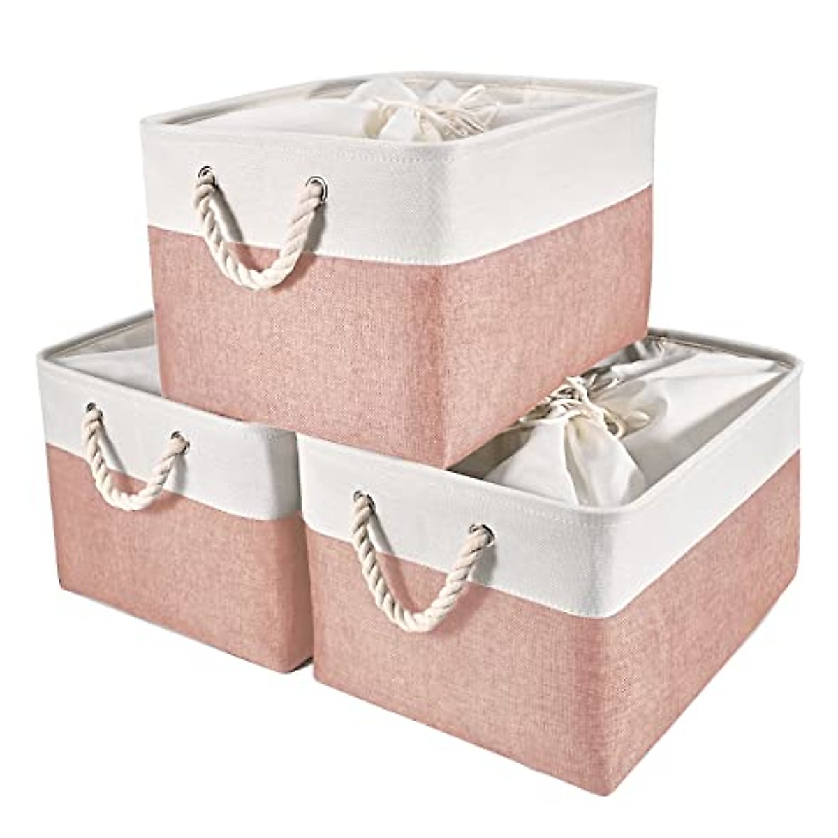 HOdo Home Fabric Storage Bin with Drawstring Closure and 2 Bold Handles, Collapsible Large Canvas Storage Baskets for Organizing Shelf Nursery Home Closet (White&Pink, 15.8L×11.8W×9.5H - 3Pack)