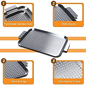 COOK TIME Grill Pan Set of 2, BBQ Grill Topper for Outdoor Grill, Stainless Steel Grilling Baskets with Holes and Handles, Perforated Food Tray Barbecue Accessories for Vegetable, Fish, Meat, Seafood