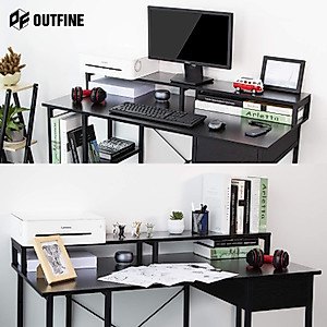 OUTFINE Desk Computer Desk Office Desk with Wodden Drawer, Monitor Stand and Storage Shelves