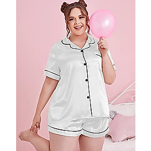 SWOMOG Women's Plus Size Pajama Set Silk Satin Pajamas Short Sleeve 2 piece Sleepwear Button Down Bride Loungewear Set White