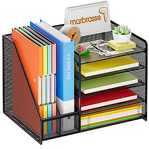 Marbrasse Desk Organizer with File Holder, 5-Tier Paper Letter Tray Organizer, Mesh Desk Organizers and Accessories with Magazine Holder, Desktop Organizer and Storage for Office Supplies (Black)