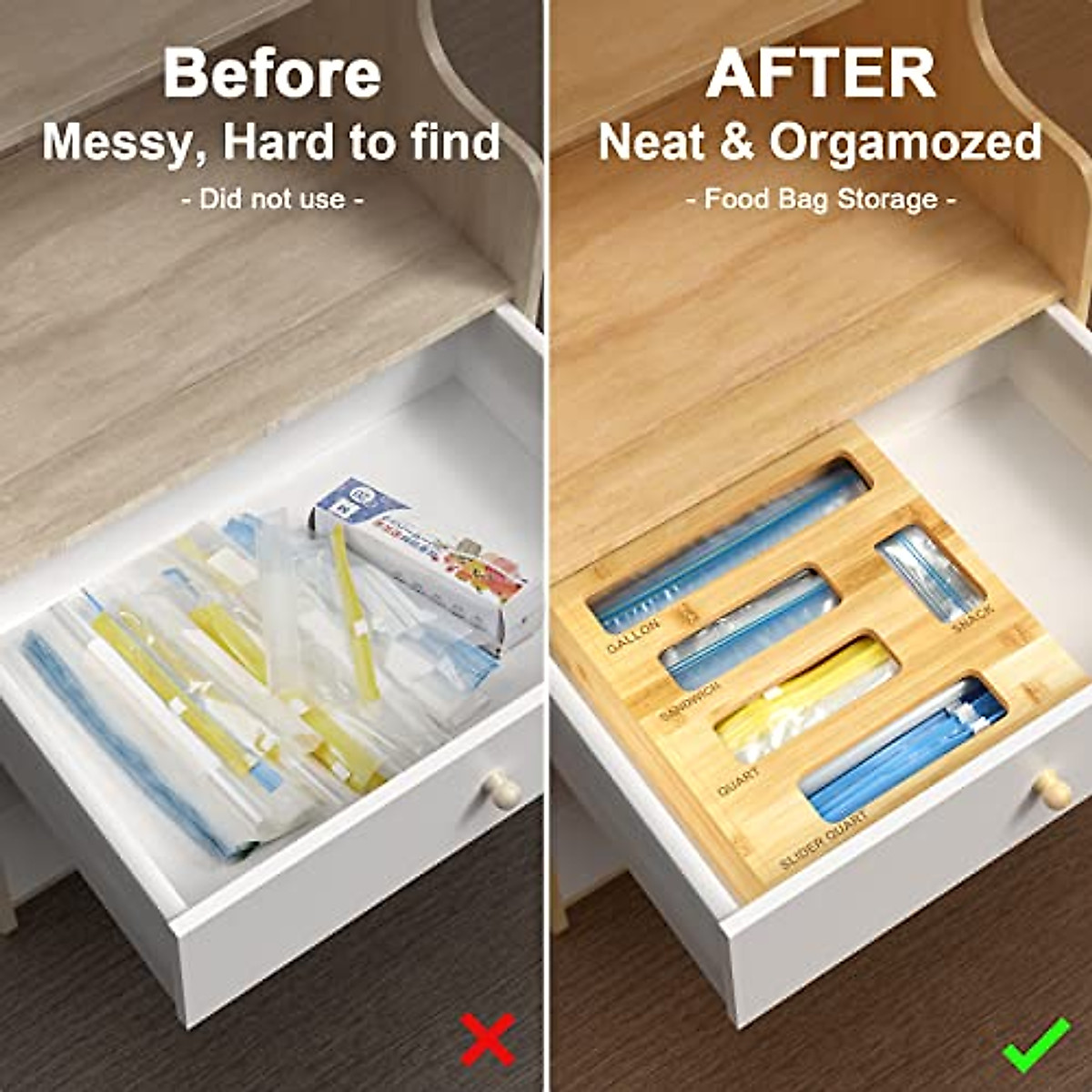 DUJEN Bamboo Ziplock Bag Storage Organizer, Food Storage Bags Container Organizer with Slider, Kitchen Plastic Bags Storage Compatible with Gallon, Quart, Sandwich & Snack Variety Size Bags