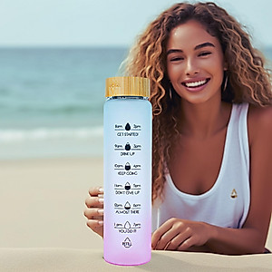 HOLABEAR Glass Motivational Daily Water Intake Bottle with Time Marker 32oz, Reusable, with Leakproof Bamboo Lid and Shoulder Sleeve, for Hot and Cold Drinks, BPA Free(Blue)