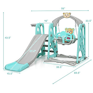 Costzon 4 in 1 Toddler Slide and Swing Set, Little Bear Indoor Outdoor Baby Swing with Slide, Swing, Climber, Basketball Hoop and Ball, Kids Climber Playground Playset for Girls Age 1+ Gifts Presents