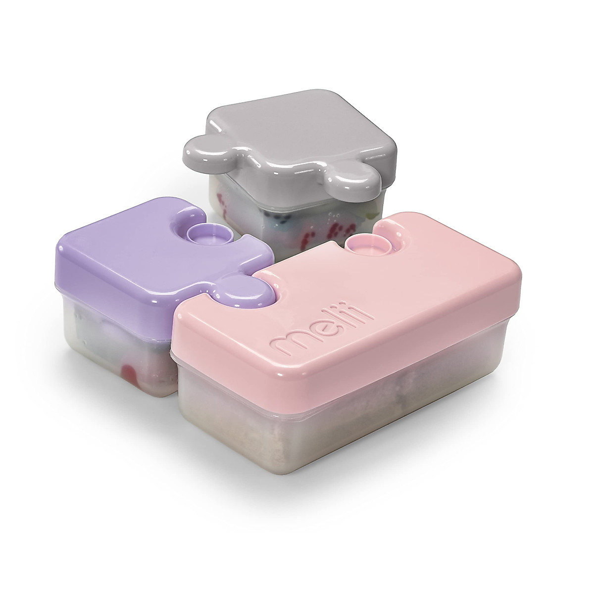melii Puzzle Bento Box Food Storage Container, 3 Compartments, 28.6 Ounce (Pink, Purple & Grey)
