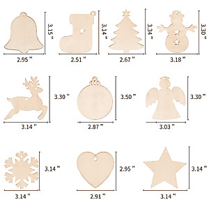 Max Fun 100PCS DIY Wooden Christmas Ornaments Unfinished Predrilled Wood Circles for Crafts Centerpieces Holiday Hanging Decorations in 10 Shapes
