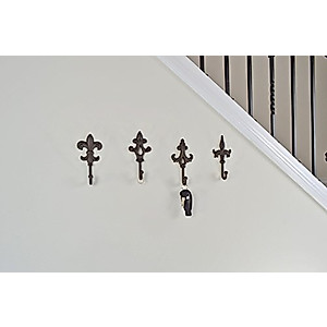 gasare, Decorative Hooks, Key Holder for Wall, Cast Iron Hooks, Fleur De Lis Décor, Wall Mount Screws and Anchors, 5 x 3¼ Inches Each, Brown, 4 Units