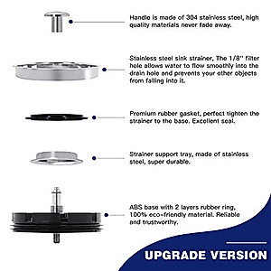 CLEESINK Kitchen Sink Strainer and Stopper Combo for Standard 3-3/8 Inch Drain, 2 in 1 Use Stainless Steel Sink Basket Strainer Replacement, Drain Cover Sink Filter with Stopper