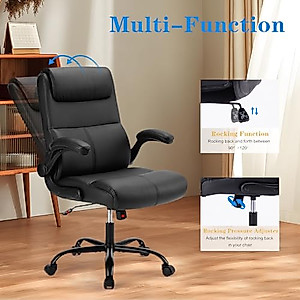 NEWBULIG Ergonomic PU Leather Desk Mid Back Computer Flip Up Armrests Height Adjustable Executive Office Lumbar Support Swivel Task Chair, 20" D x 20" W x 43" H, Black