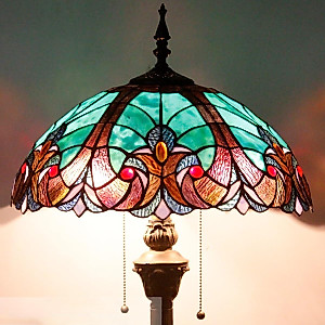 WERFACTORY Tiffany Floor Lamp Green Brown Liaison Stained Glass Standing Reading Light 16X16X64 Inches Antique Pole Corner Lamp Decor Bedroom Living Room Home Office S160G Series