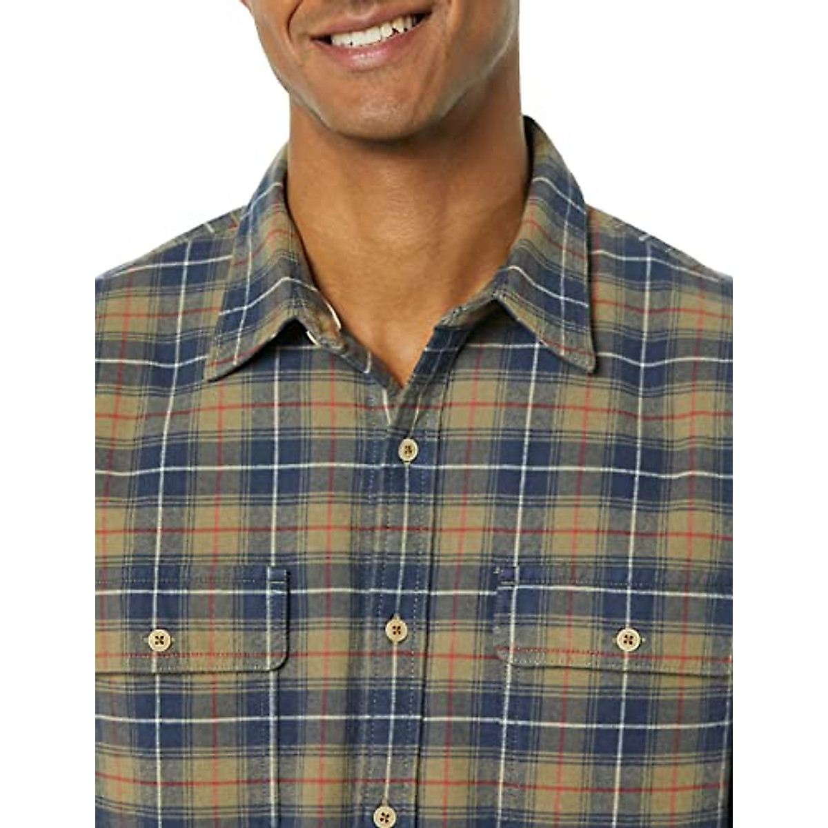 Goodthreads Men's Slim-Fit Long-Sleeve Stretch Flannel Shirt, Dark Blue/Multi Color/Plaid, Large