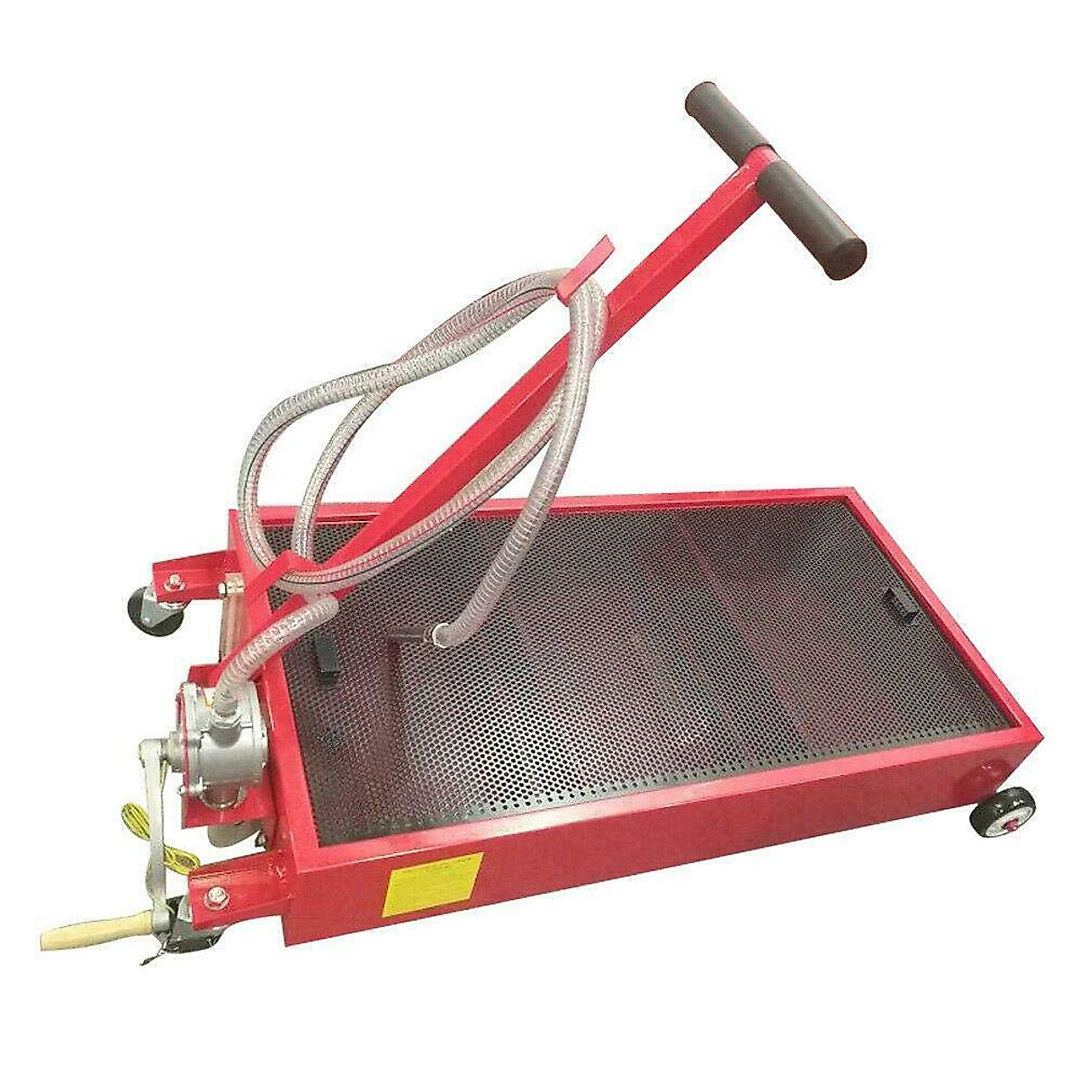 Manoch 20 Gallon Oil Drain Pan Low Profile Dolly with Pump 8 feet Hose and Wheel Material: Iron Overall Dimensions: (51.57 x 25.2 x 31.5)" / (131 x 64 x 80) cm (L x W x H) Casters: 4-inch (10 cm)