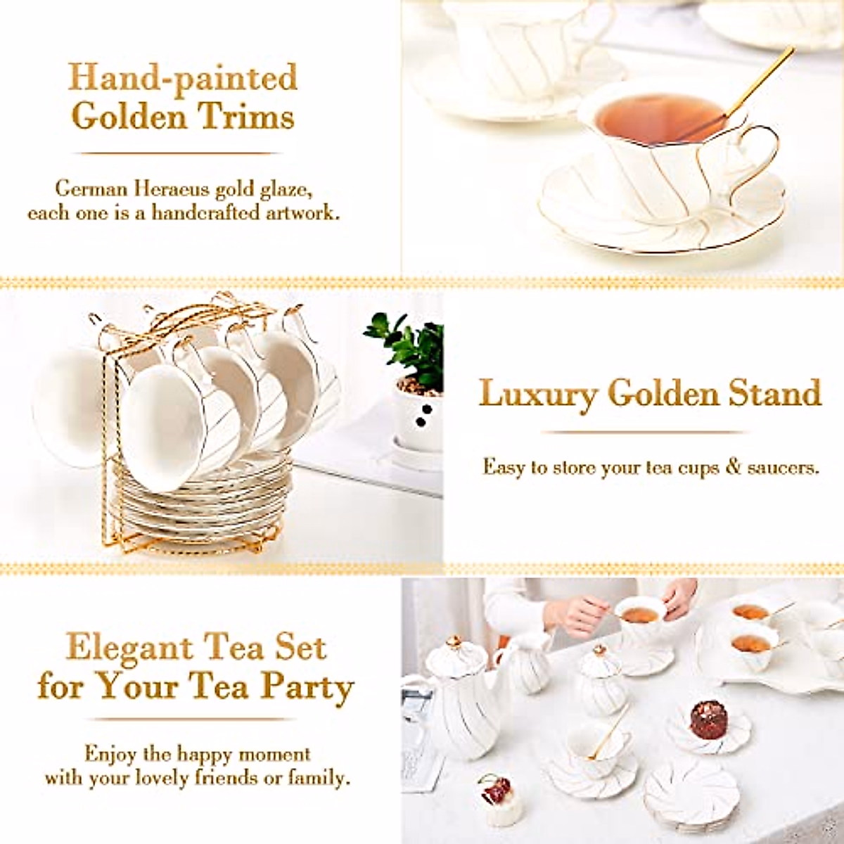 DUJUST 22 pcs White Porcelain Tea Set for 6, Luxury British Style Tea/Coffee Cup Set with Golden Trim, Beautiful Tea Set for Women, Tea Party Set, Gift Package (Including a Stand) - White