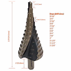 NordWolf M35 Cobalt SAE Step Drill Bit, Spiral Groove Double Flute Multiple Hole Unibit for Stainless Steel & Metal Sheet, 13 Imperial Step Sizes 3/16" to 1-3/8"