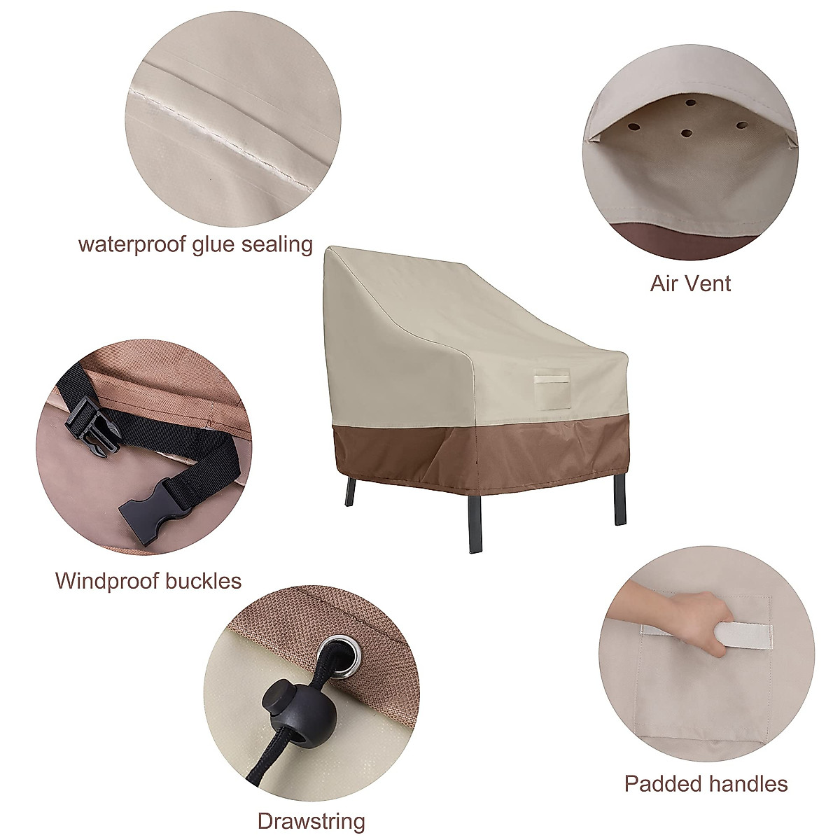 Patio Chair Covers Waterproof Outdoor Furniture Covers 1 Pack Heavy Duty 600D Deep Seated Patio Lounge Chair Cover for All Weathers Veranda Lawn Backyard, Khaki & Brown, 35"X38"X31"