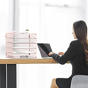 DALTACK Paper Organizer for Desk, 5-Tier Desk Organizer Tray, Paper Organizer Storage, Paper Tray Organizer for Home Office School, Pink