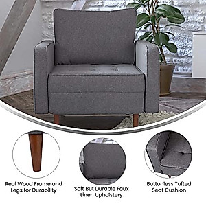 Flash Furniture Hudson Mid-Century Modern Commercial Grade Armchair with Tufted Faux Linen Upholstery & Solid Wood Legs, Set of 1, Dark Gray