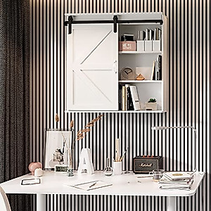 Wood Storage Wall Cabinet,Bathroom Hanging Cabinet with Sliding Barn Door and 3 Tiers Adjustable Shelf, Medicine Cabinet or Farmhouse Storage Wall Cabinet for Kitchen, Bathroom, Living Room,White