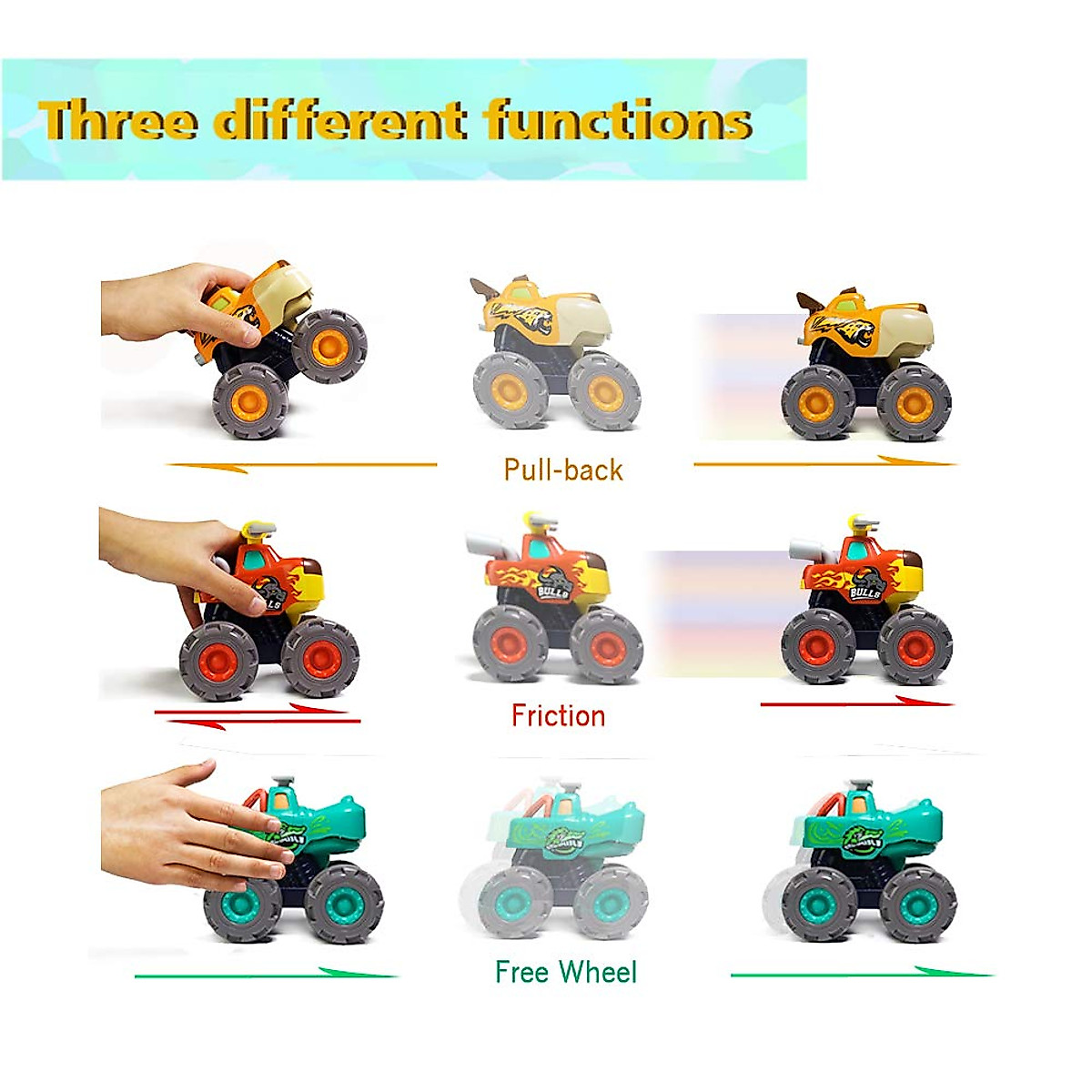 Bee Tree Monster Truck Toy Set 3 Designs Toy Cars, Friction Power Bull Cars, Pull Back Leopard Cars, Push and Go Crocodile Cars, Baby Toy Cars for 12 Month, 1-2-3 Year Old Boys, Girls, Toddlers Gifts