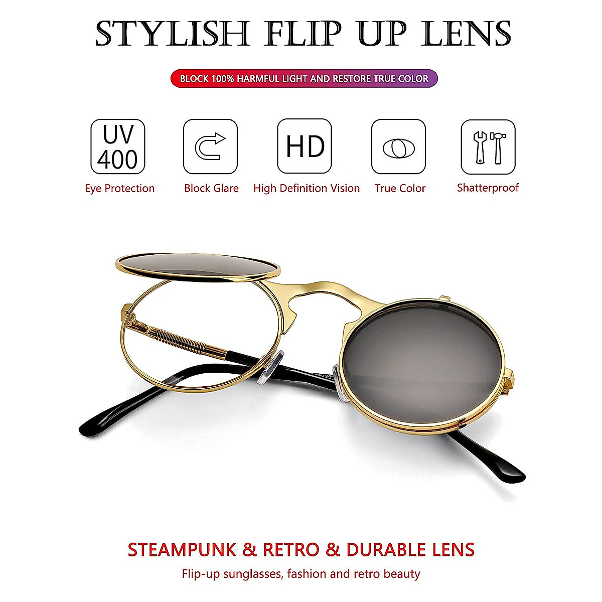 AIEYEZO Round Flip Up Sunglasses for Men and Women Rave Flip Glasses 90's Retro Steampunk Style (Gold/Grey)