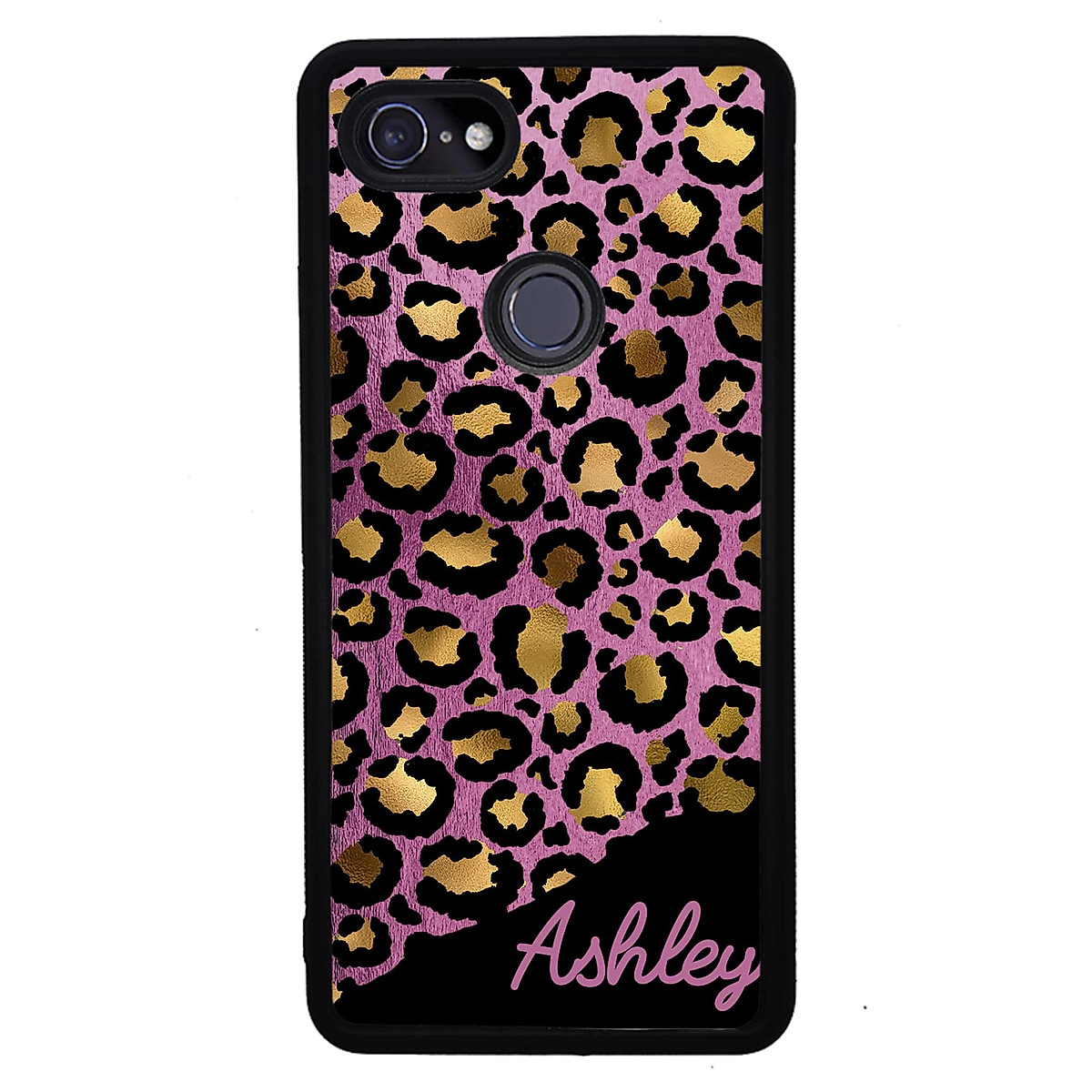 Leopard Skin Pink Gold Foil Personalized Black Rubber Phone Case Compatible With Google Pixel 8 Pro, 8a, 8, 7a, 7, Pixel 7 Pro, 6a, 6 Pro, 6, 5, 4a 5G, 4a 4G, 4, 4 XL, 3a, 3a XL, 3, 3 XL, 2 XL, 2