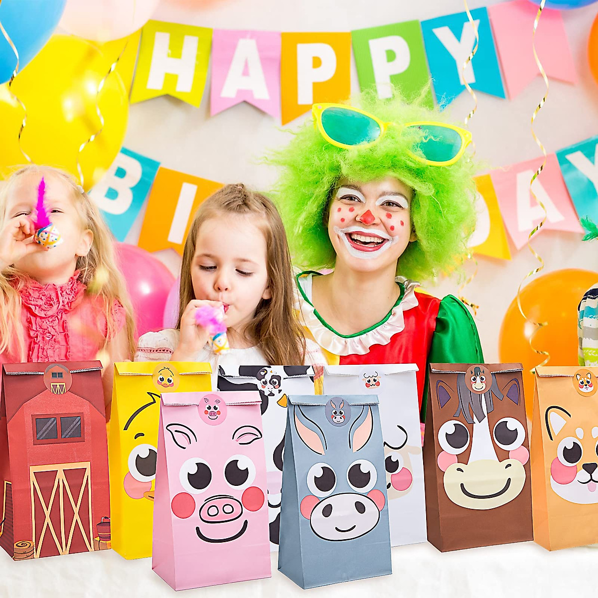 LovesTown 32PCS Farm Animal Party Favor Bags, Goodie Bags with Stickers Treat Bags for Farm Birthday Party Baby Shower Barnyard Gift Bags