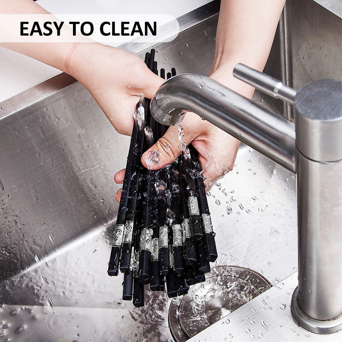 Lourmet 10 Pair Fiberglass Chopsticks – 9.5 Inches Long Reusable Chopsticks Dishwasher Safe for Asian Food, Light Weight Japanese Chopsticks Strong Grip Sturdy Material – Black Silver Chopsticks Set