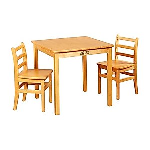 ECR4Kids 30in x 30in Square Hardwood Table with 28in Legs and Two 16in Chairs, Kids Furniture, Honey