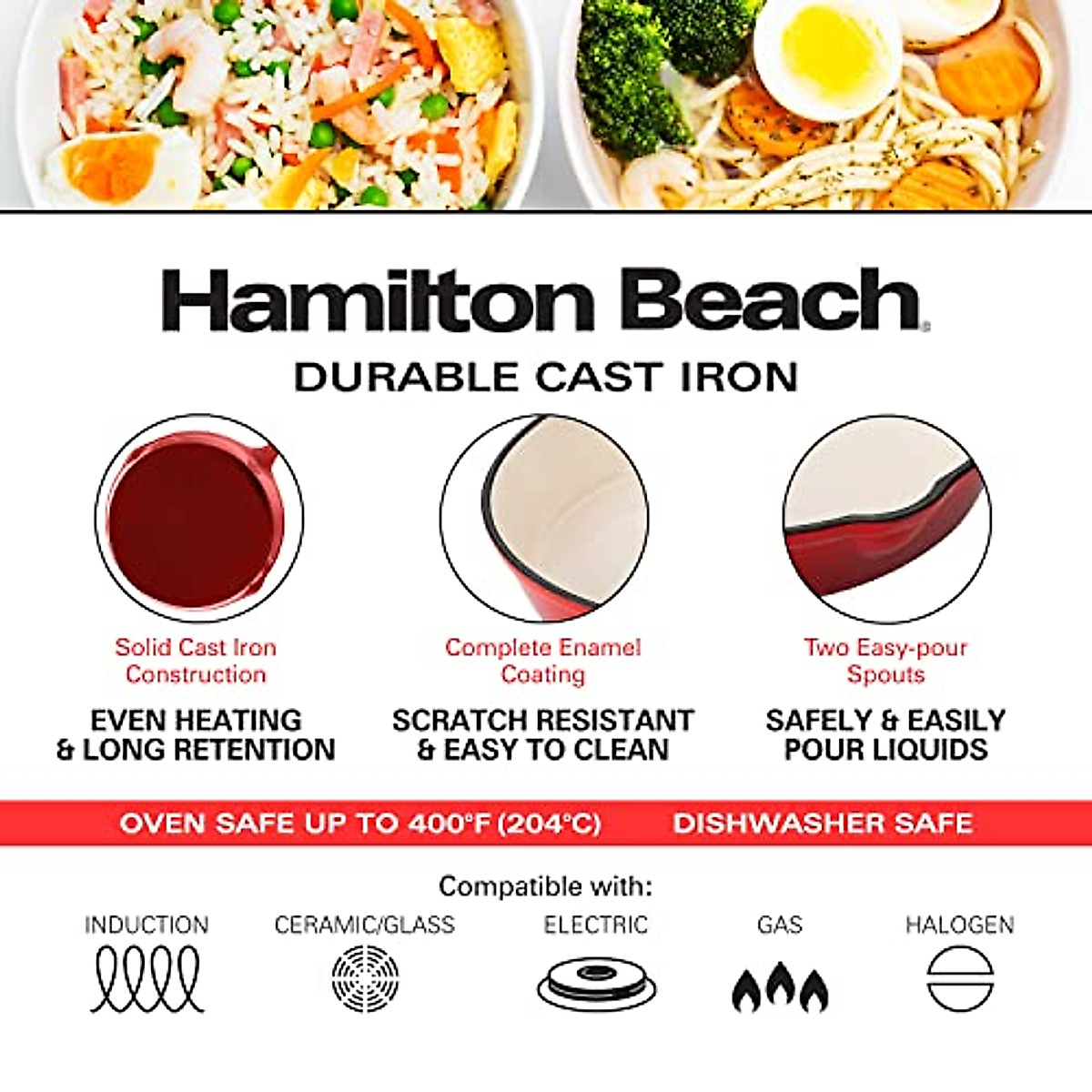 Hamilton Beach Enameled Cast Iron Fry Pan 8-Inch Red, Cream Enamel coating, Skillet Pan For Stove top and Oven, Even Heat Distribution, Safe Up to 400 Degrees, Smooth and Durable