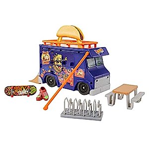 Hot Wheels Skate Taco Truck Play Case, Portable Fingerboard Skate Set with 1 Exclusive Board, 1 Pair of Removable Skate Shoes & Storage