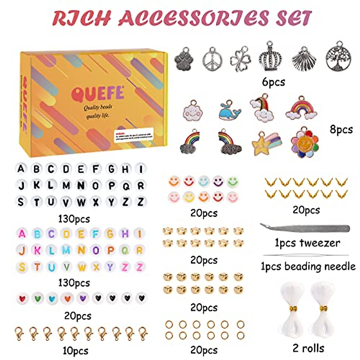 QUEFE 48000pcs 2mm Glass Seed Beads for Jewelry Making Kit, 96 Colors Small Beads Kit Bracelet Beads with Pendant Charms Kit and Letter Beads for Bracelets Necklace Ring Making, DIY, Art and Craft